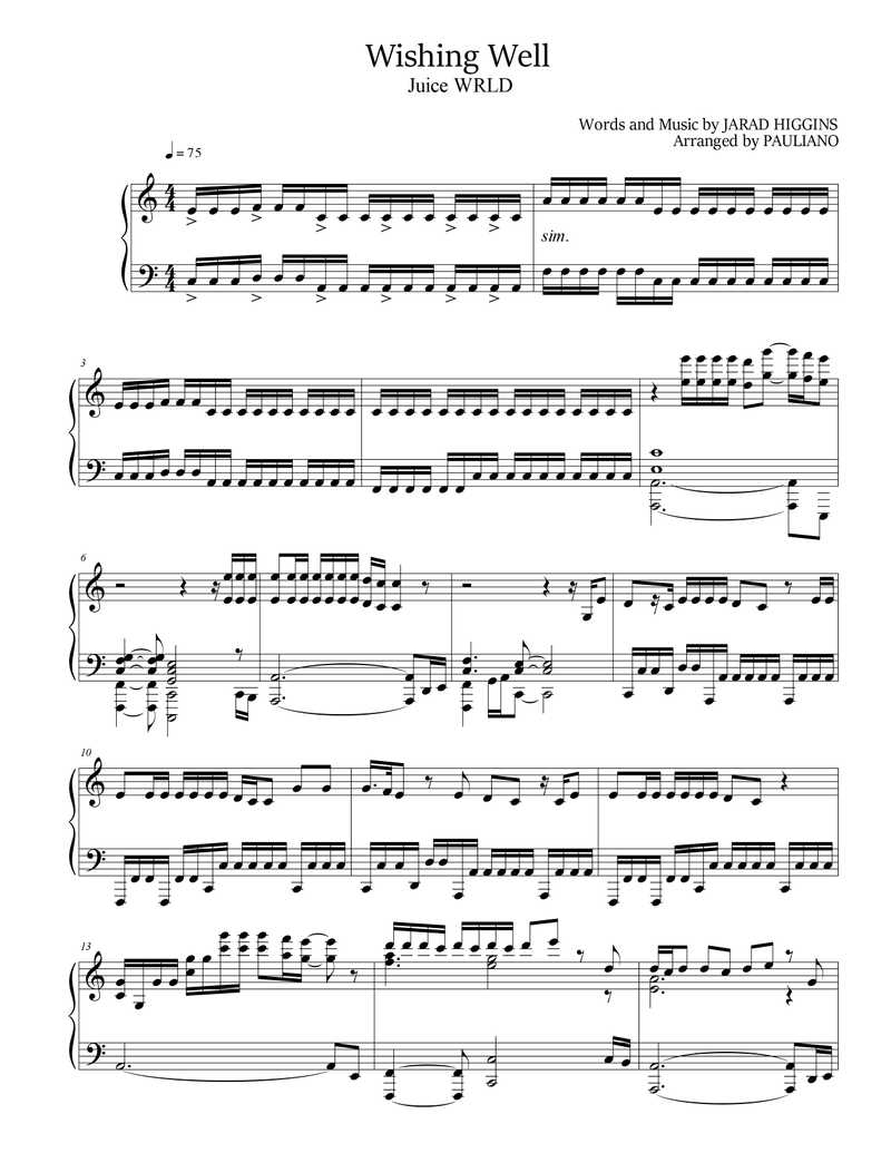 Juice Wrld Wishing Well Sheet Music Pauliano Sheet Music